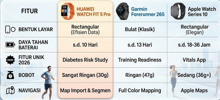 Huawei Watch Fit 5 Pro vs Garmin Forerunner vs Apple Watch – Jernih.co